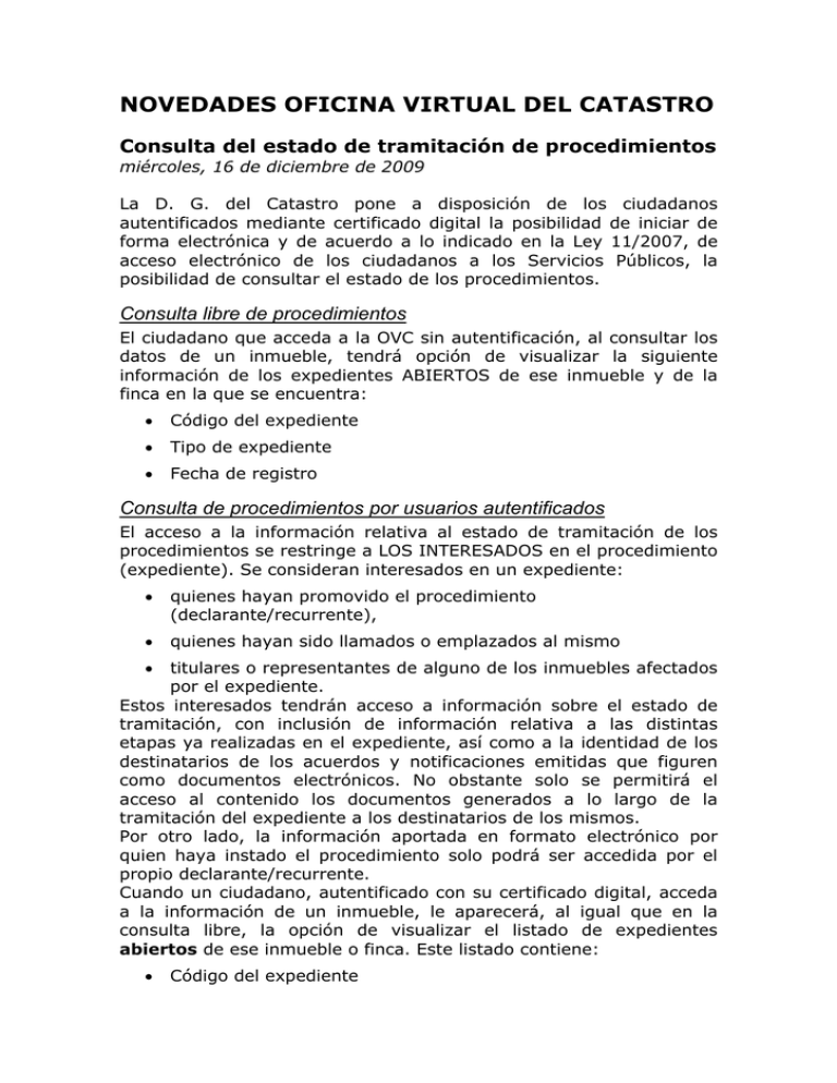 NOVEDADES OFICINA VIRTUAL DEL CATASTRO
