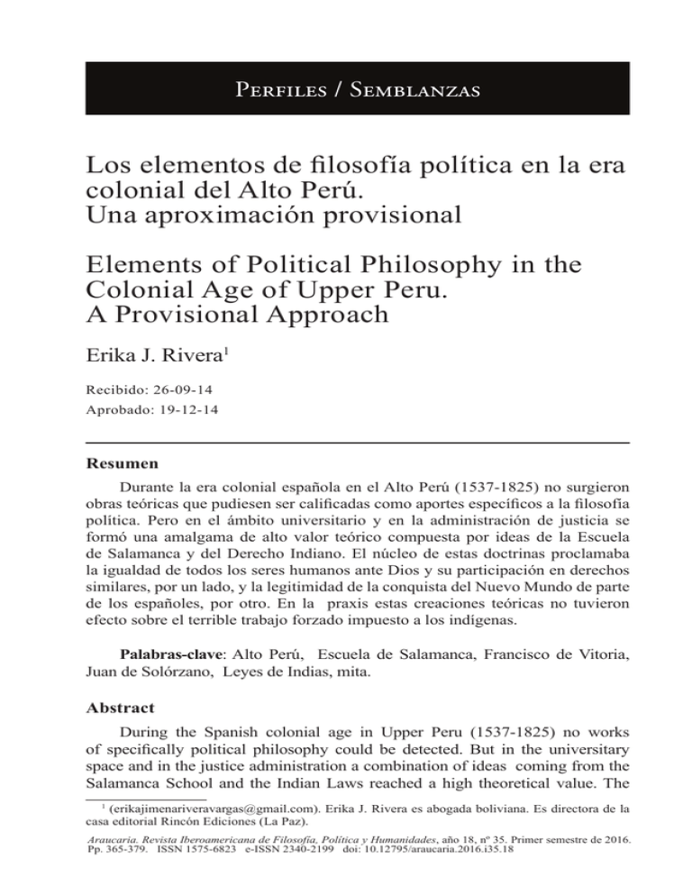 Los elementos de filosofía política en la era colonial del Alto Perú