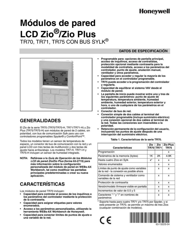 63-1322S—04 - Módulos de pared LCD Zio®/Zio Plus