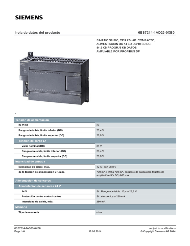 Product data sheet 6ES7214-1AD23-0XB0