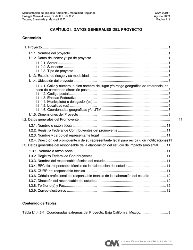 CAPÍTULO I. DATOS GENERALES DEL PROYECTO Contenido