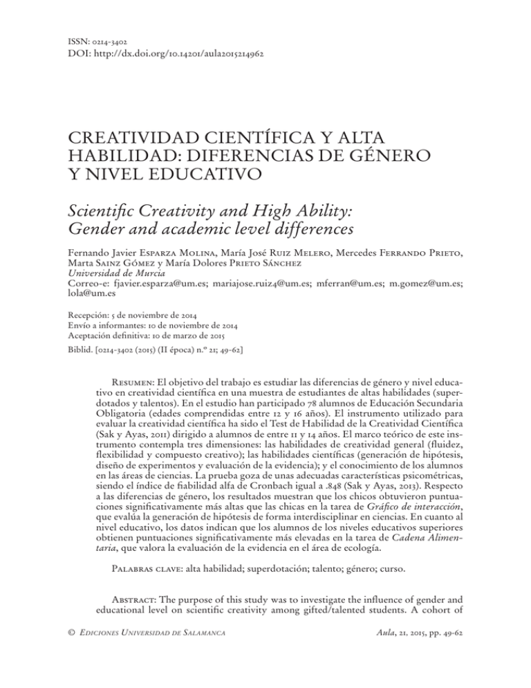 Creatividad Científica y alta habilidad: Diferencias de género y nivel