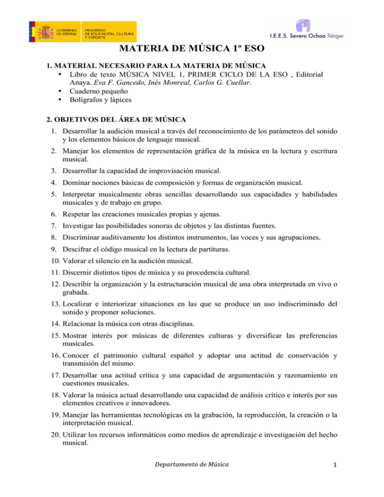 MATERIA DE MÚSICA 1º ESO
