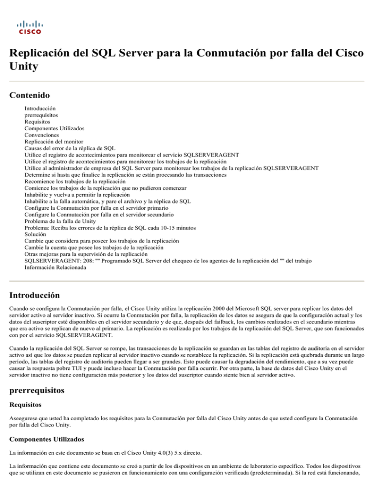 Replicación del SQL Server para la Conmutación por falla del Cisco