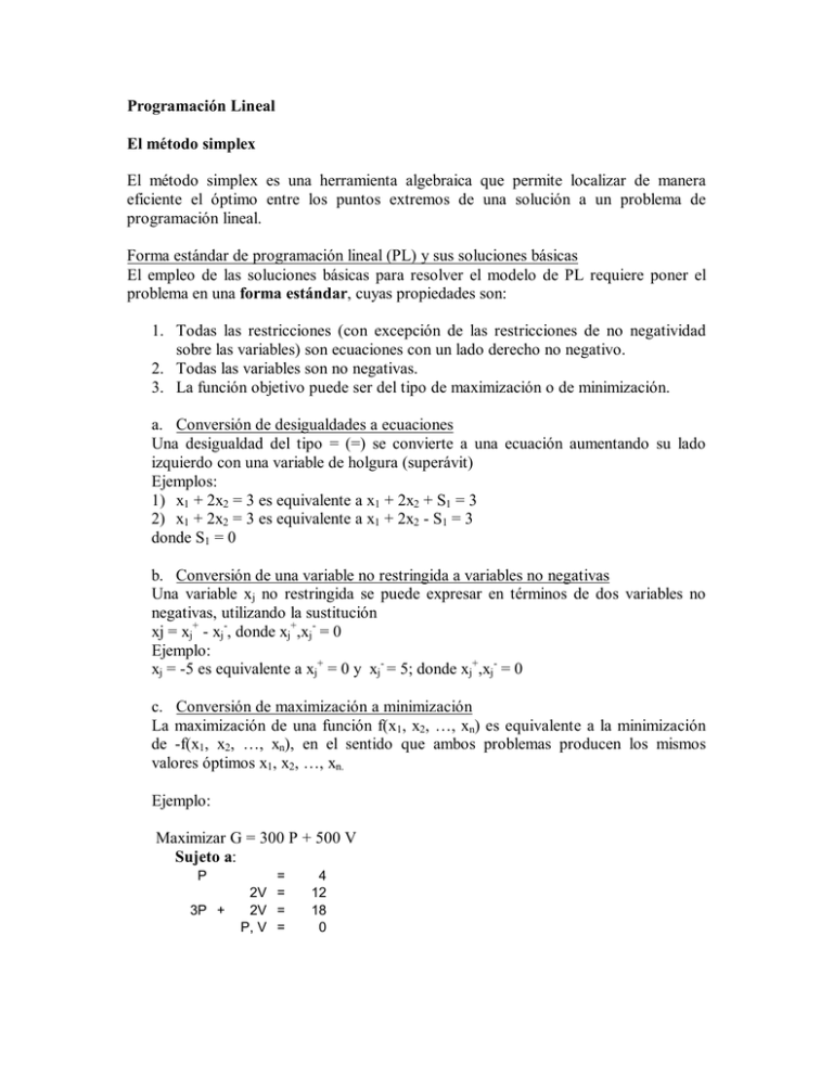 Programación Lineal El método simplex El