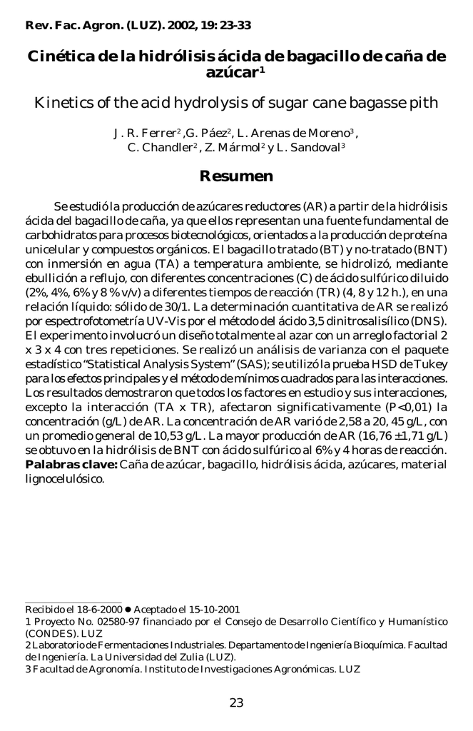 Cinética de la hidrólisis ácida de bagacillo de caña de azúcar1