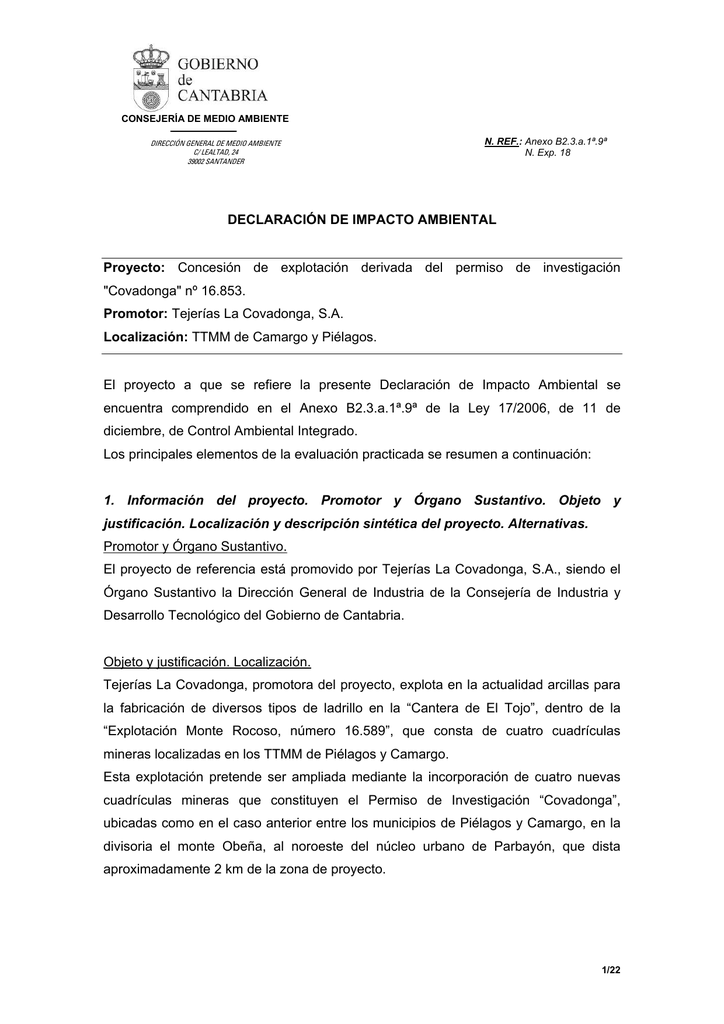 DECLARACIÓN DE IMPACTO AMBIENTAL Proyecto: Concesión de