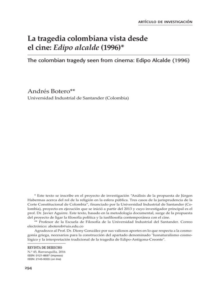 La tragedia colombiana vista desde el cine: Edipo alcalde (1996)*