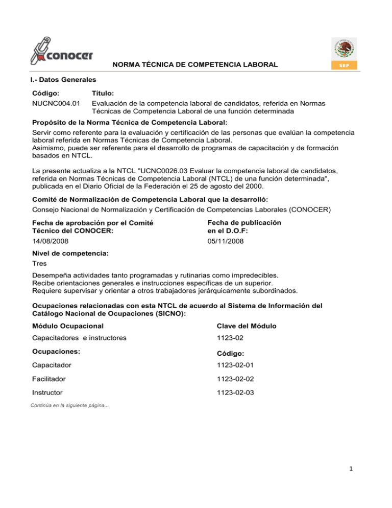 NORMA TÉCNICA DE COMPETENCIA LABORAL I.