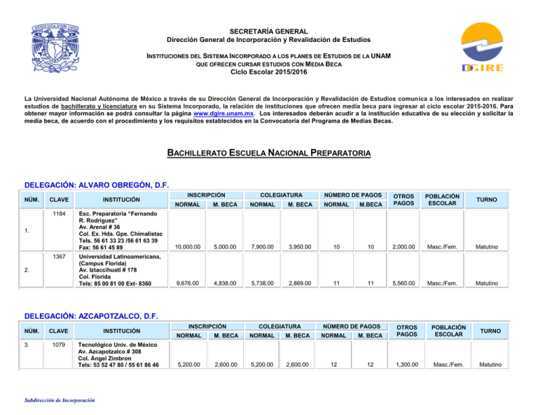 Instituciones autorizadas por la DGIRE que ofrecen media