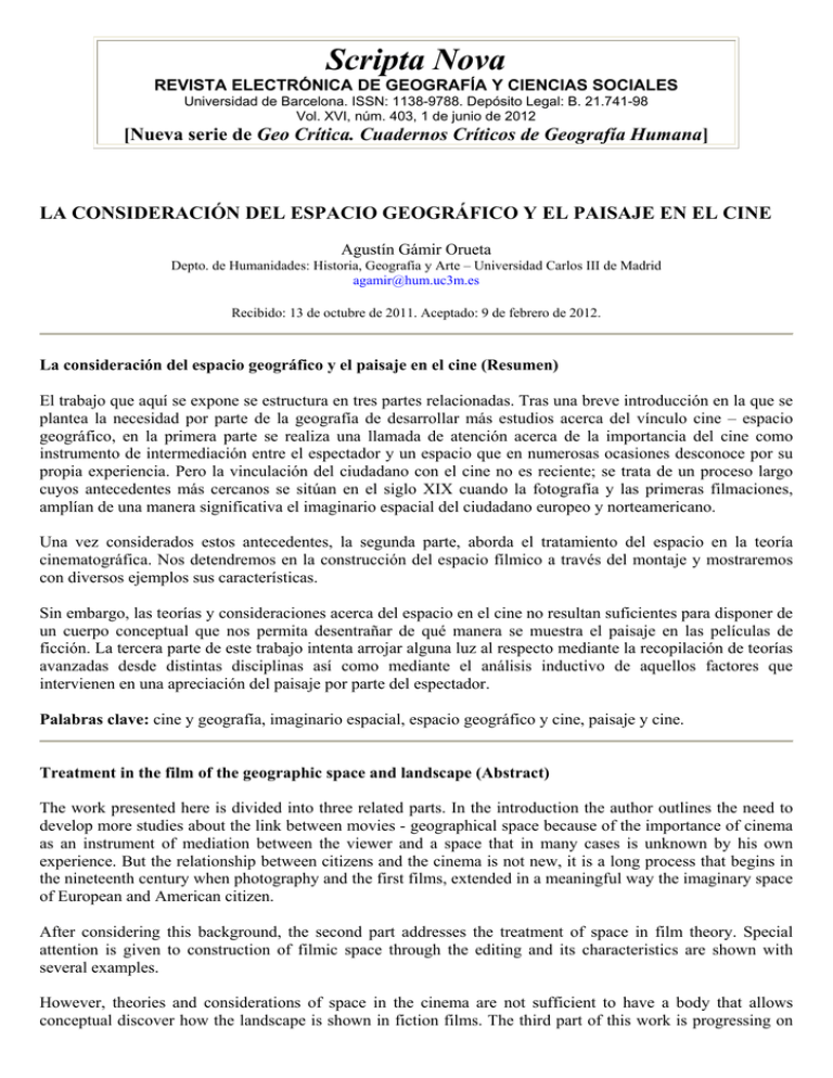 La consideración del espacio geográfico y el paisaje en el cine