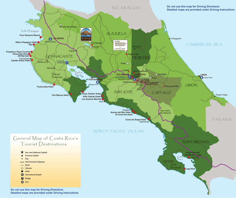 General Map of Costa Rica`s Tourist Destinations