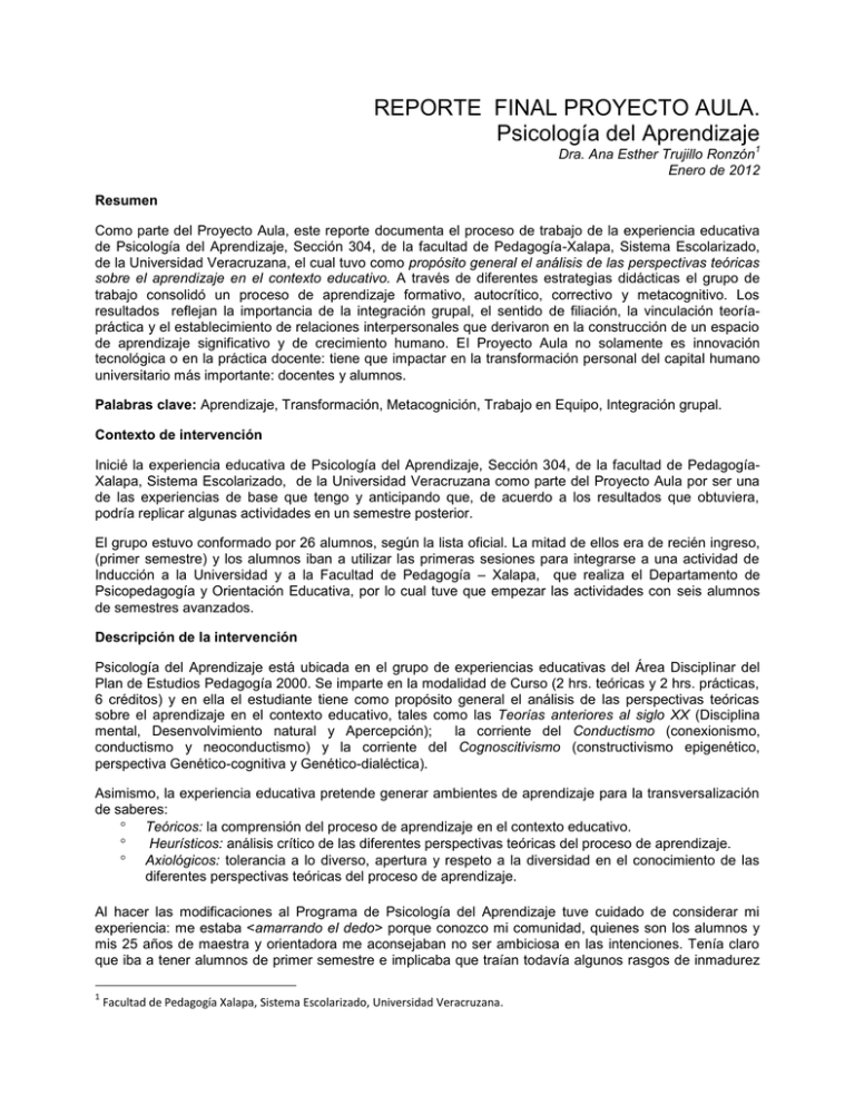 REPORTE FINAL PROYECTO AULA. Psicología del Aprendizaje