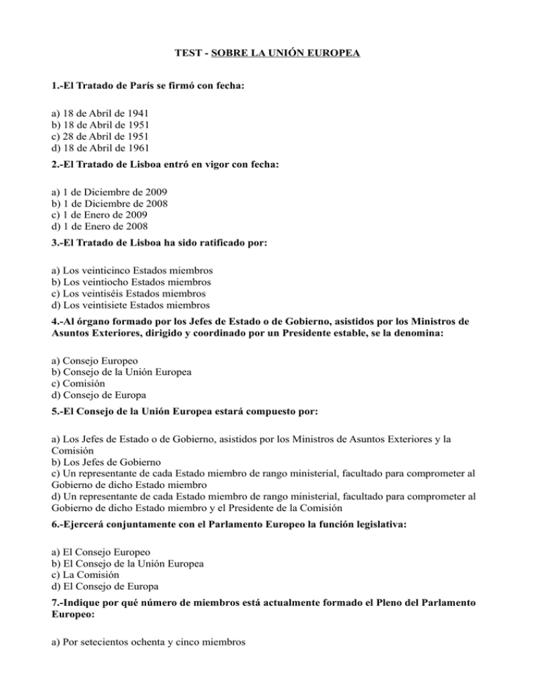 TEST - SOBRE LA UNIÓN EUROPEA 1.
