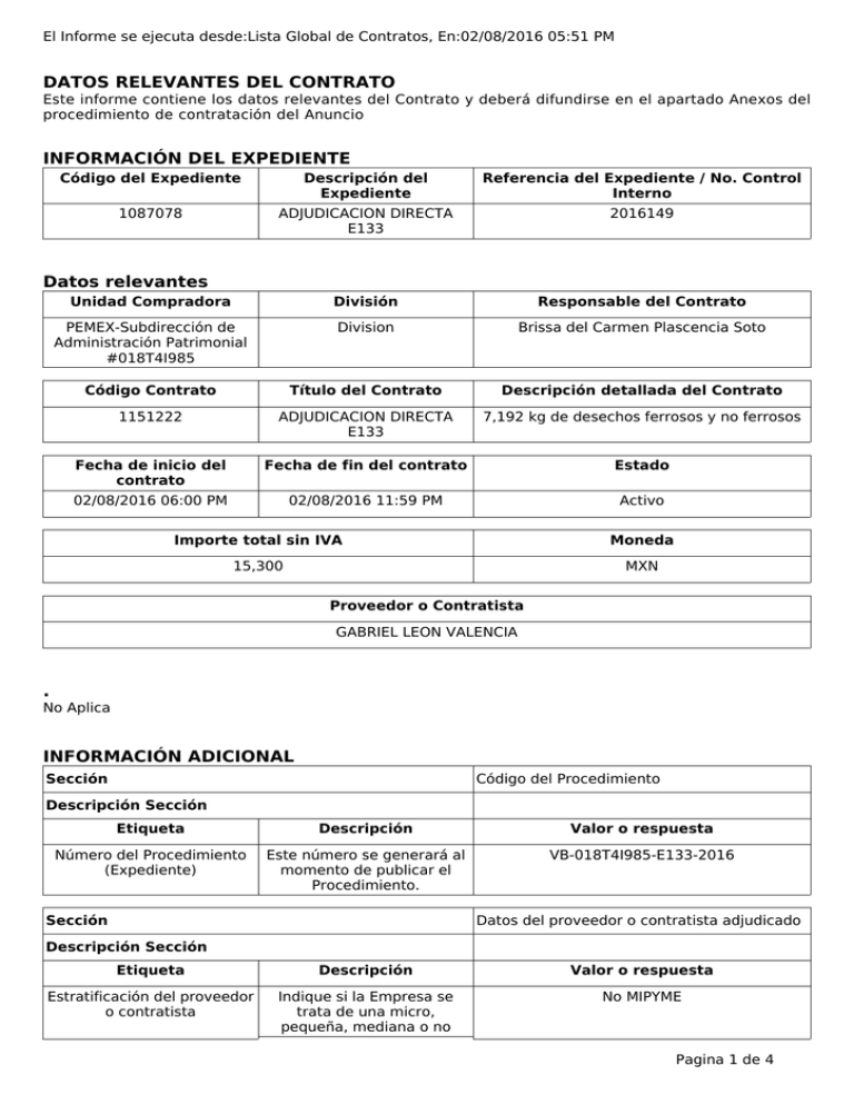 DATOS RELEVANTES DEL CONTRATO INFORMACIÓN