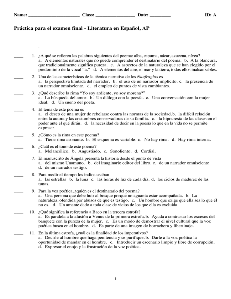 Práctica para el examen final S Literatura en Español