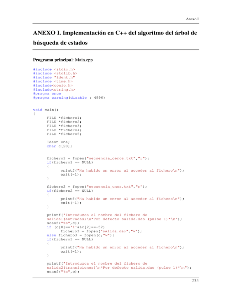 ANEXO I. Implementación en C++ del algoritmo del árbol de
