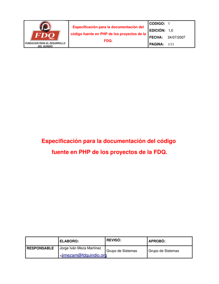 Especificación para la documentación del código fuente en PHP de