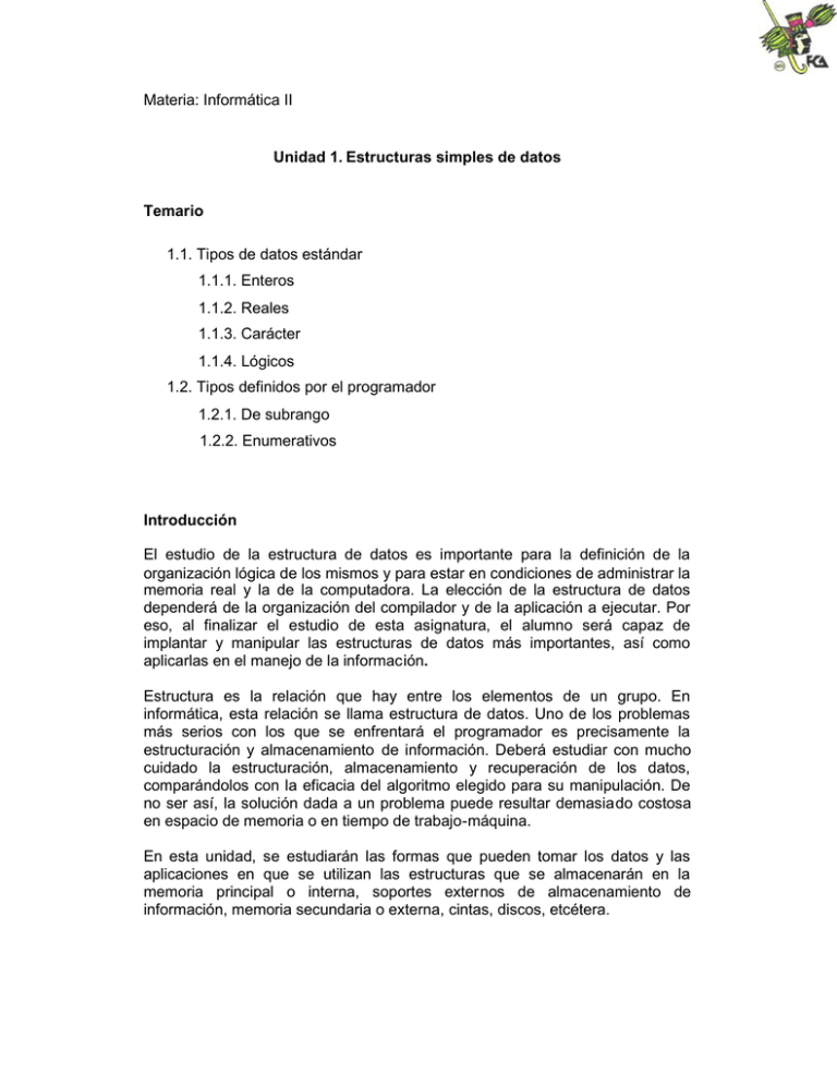 Materia: Informática II Unidad 1. Estructuras simples de datos