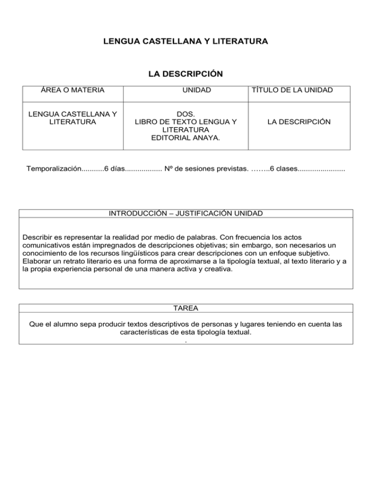 LENGUA CASTELLANA Y LITERATURA LA DESCRIPCIÓN