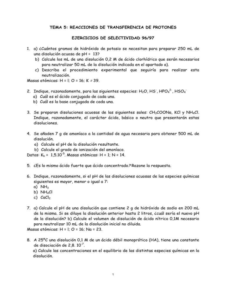 TEMA 5: REACCIONES DE TRANSFERENCIA DE PROTONES