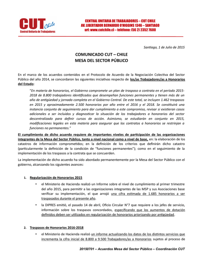 COMUNICADO CUT – CHILE MESA DEL SECTOR PÚBLICO