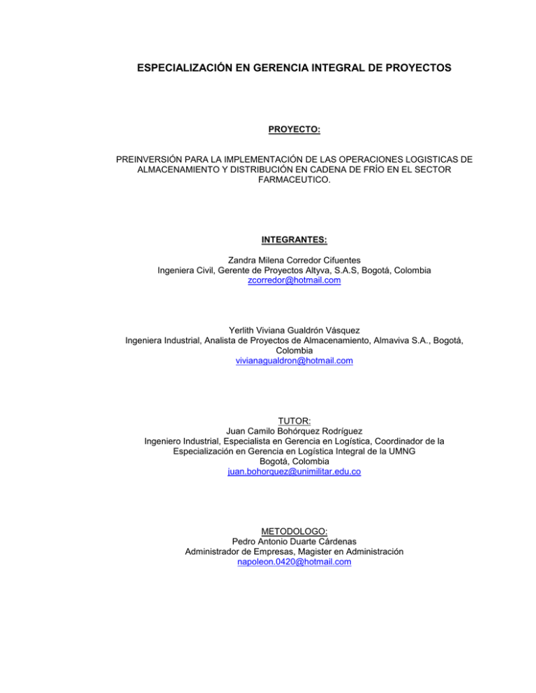 ESPECIALIZACIÓN EN GERENCIA INTEGRAL DE PROYECTOS