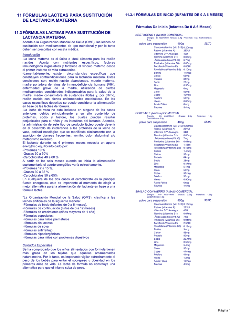 11 fórmulas lacteas para sustitución de lactancia materna