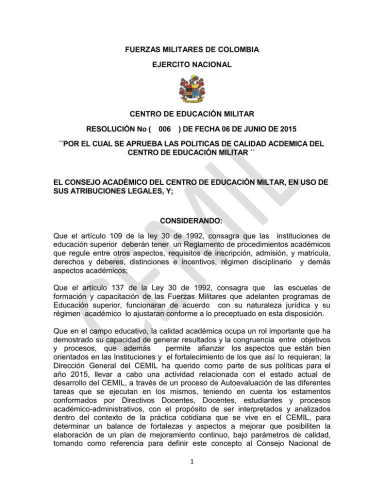 FUERZAS MILITARES DE COLOMBIA EJERCITO NACIONAL