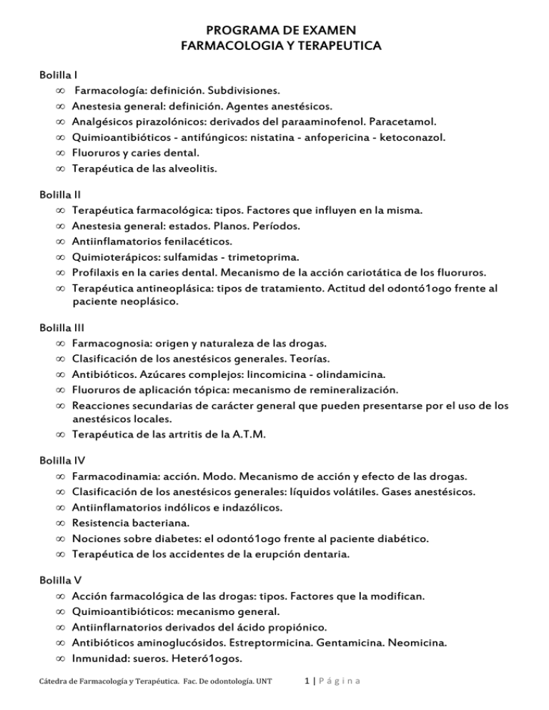 PROGRAMA DE EXAMEN FARMACOLOGIA Y TERAPEUTICA