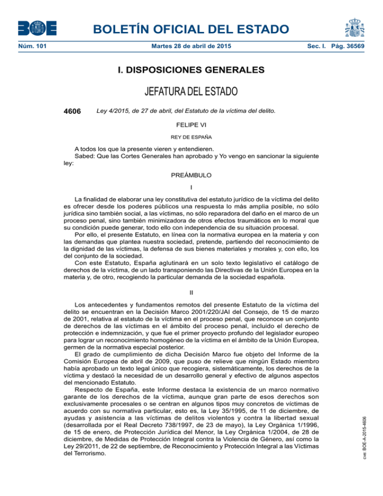 Ley 4 2015 De 27 De Abril Del Estatuto De La Víctima Del