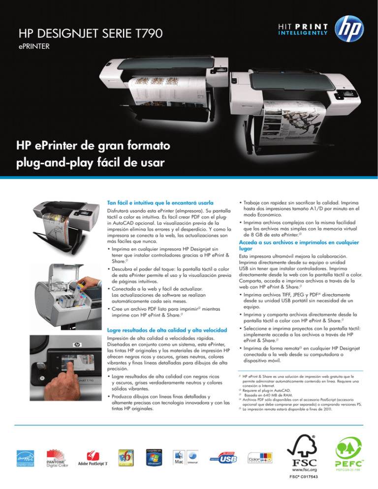 HP DESIGNJET SErIE T790 HP ePrinter de gran formato plug