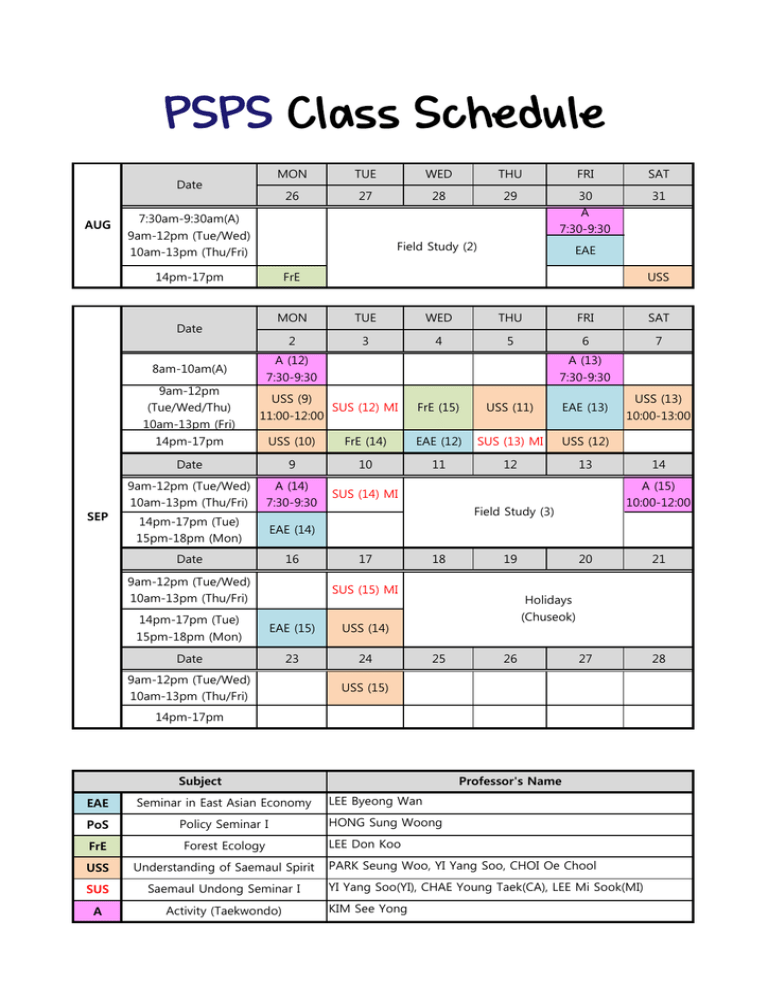 PSPS Class Schedule