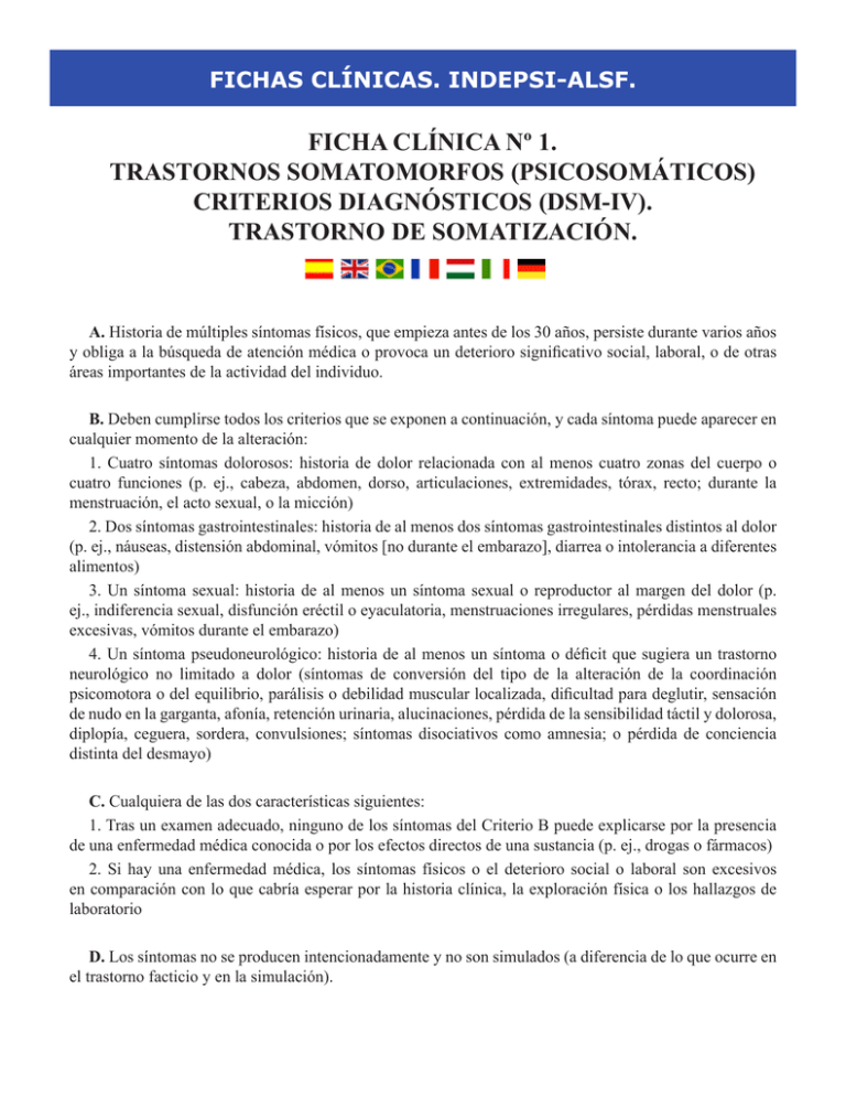 Ficha Clínica Nº 1. Trastornos Somatomorfos Psicosomáticos