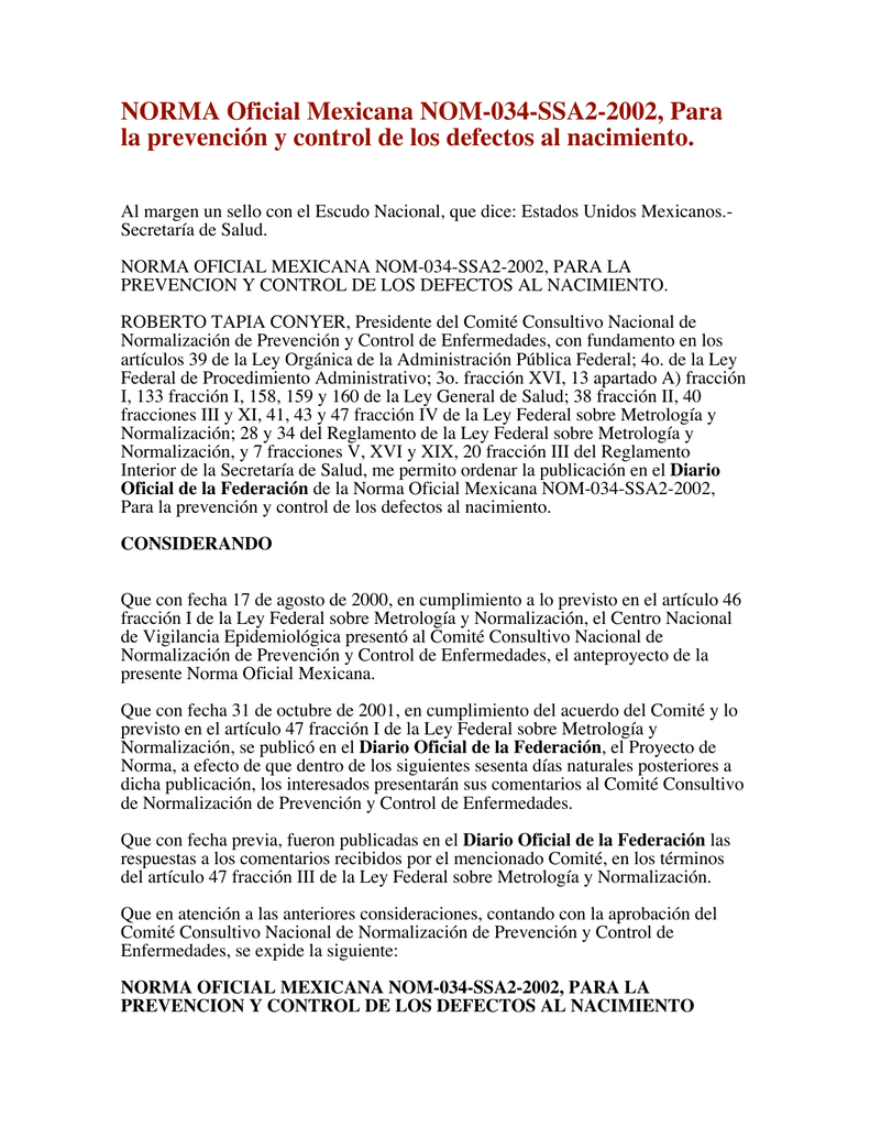 norma oficial mexicana, nom-015-ssa2-1994, quot para la prevencion