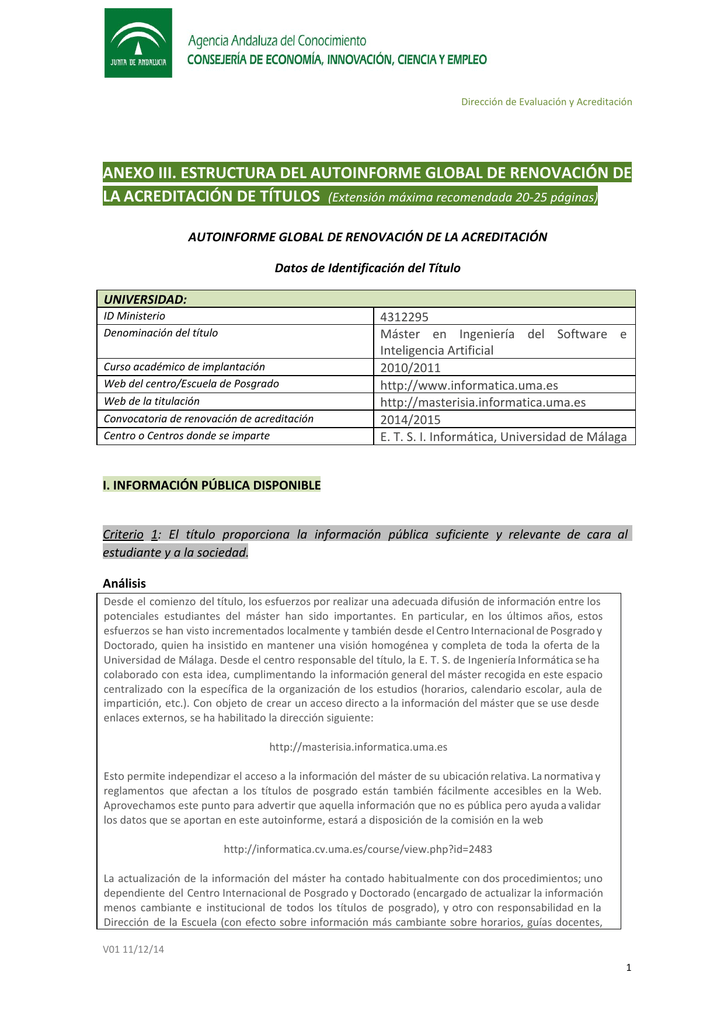 ANEXO III. ESTRUCTURA DEL AUTOINFORME GLOBAL DE