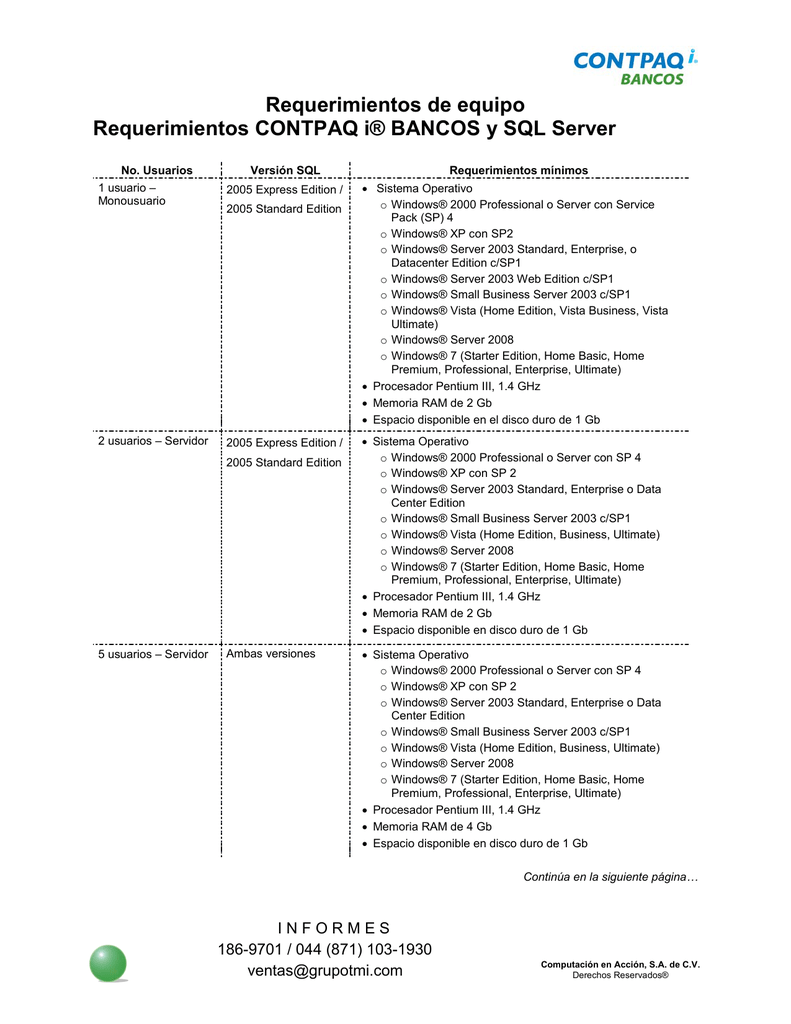 Requerimientos de equipo CONTPAQ i® BANCOS