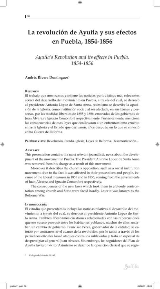 La revolución de Ayutla y sus efectos en Puebla, 1854