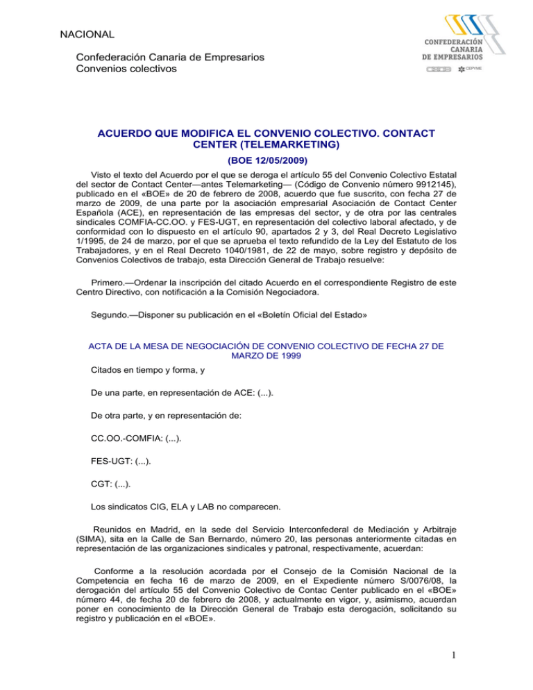 acuerdo que modifica el convenio colectivo. contact center