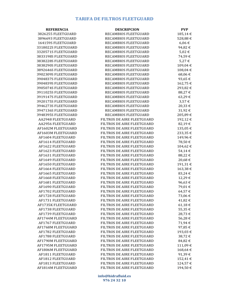 TARIFA PRECIOS FILTROS FLEETGUARD