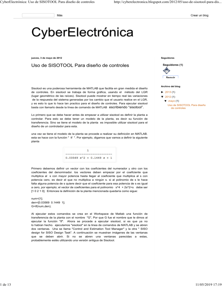 CyberElectrónica Uso de SISOTOOL Para diseño de controles