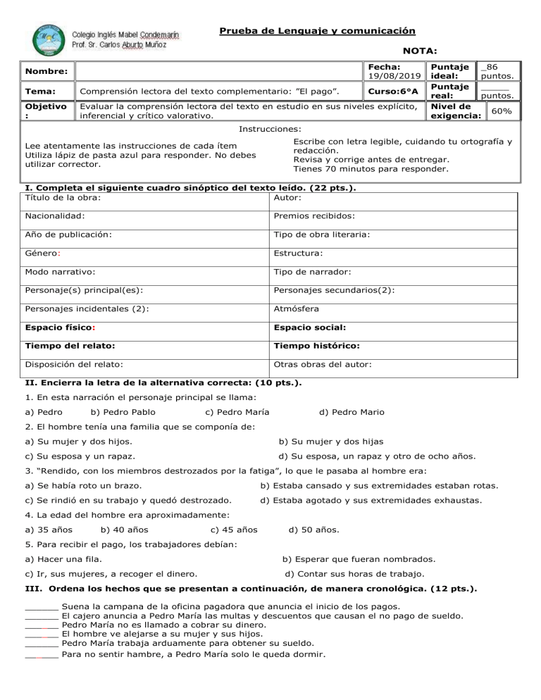 PRUEBA de comprensión lectora: