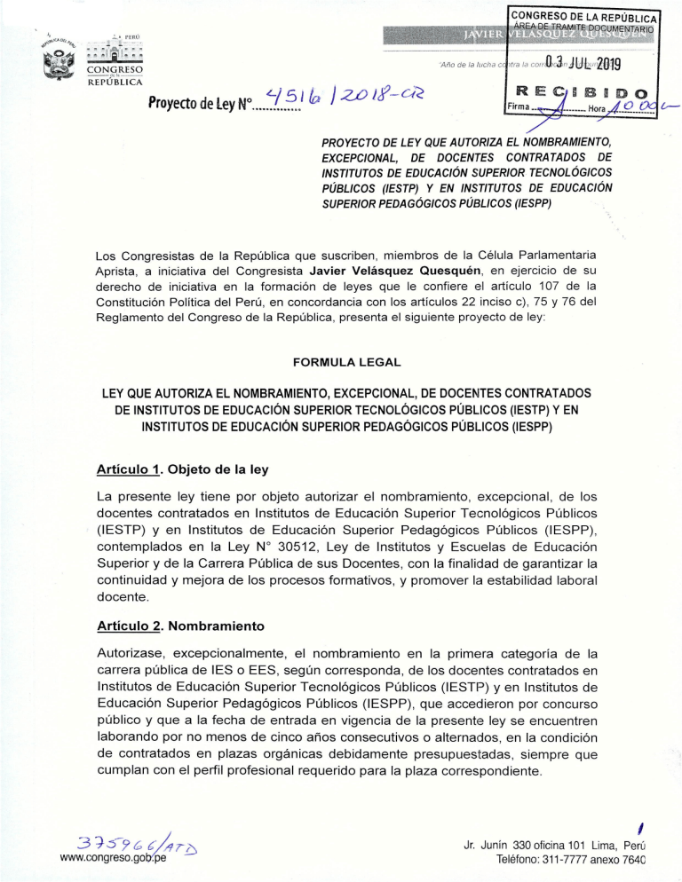Proyecto De Ley Nombramiento EducaciÓn Superior