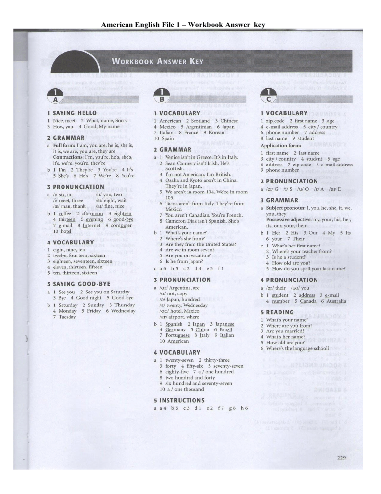 American English File 1 Workbook Answer Key American English File 1 Workbook Answer Key