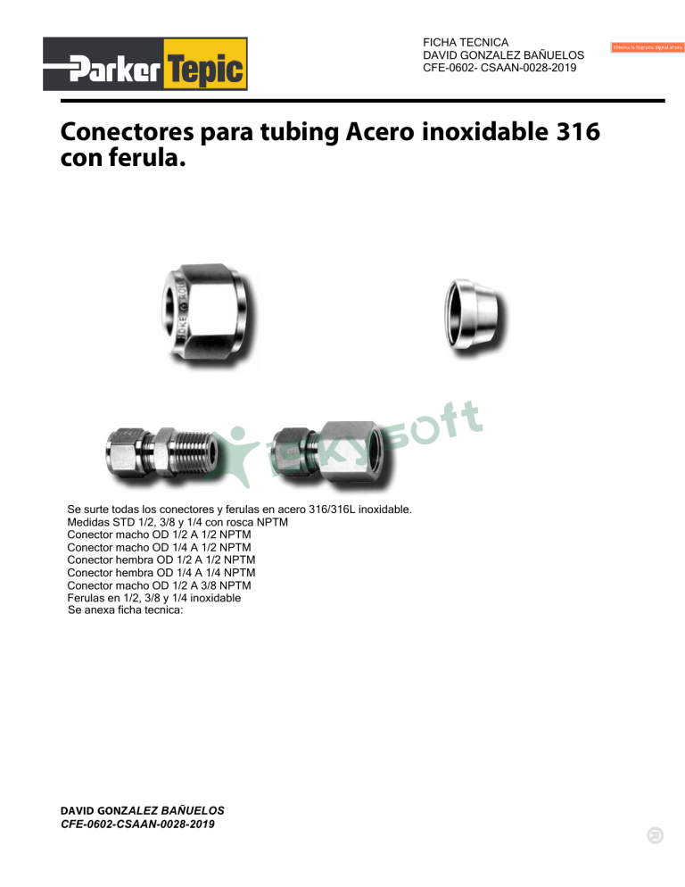Conectores Tubing Acero Inoxidable 316: Ficha Técnica