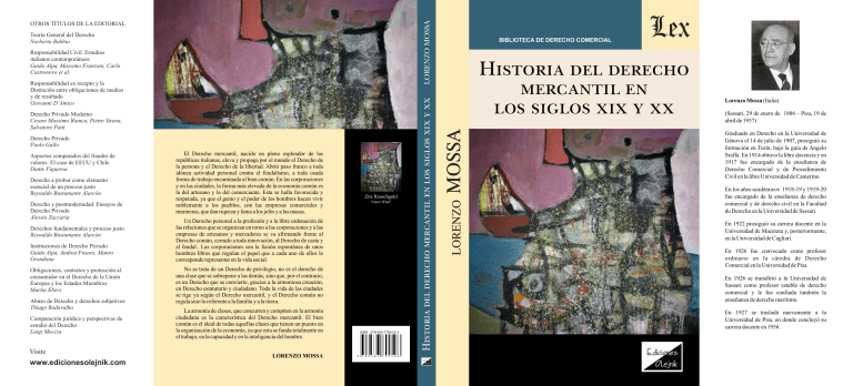 LORENZO MOSSA. HISTORIA DEL DERECHO MERCANTIL EN LOS SIGLOS IX Y XX ...