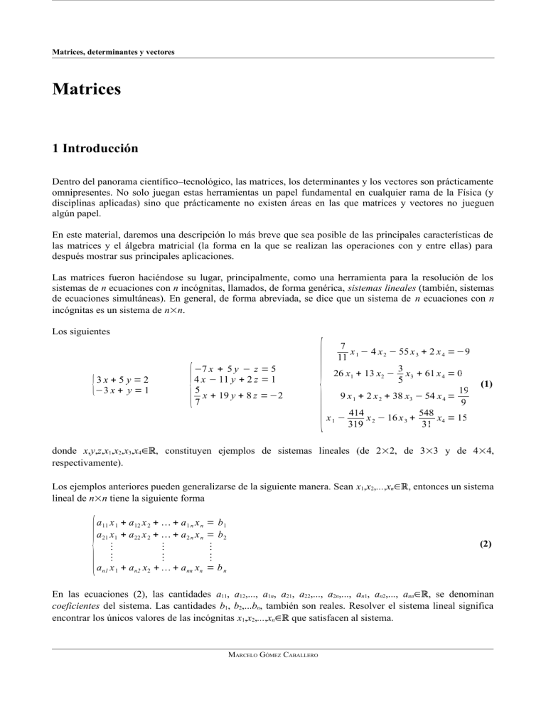 Teorico de Algebra Lineal 1 con ejemplos de operaciones basicas de matrices