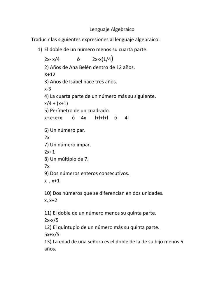 Lenguaje Algebraico Lenguaje Algebraico