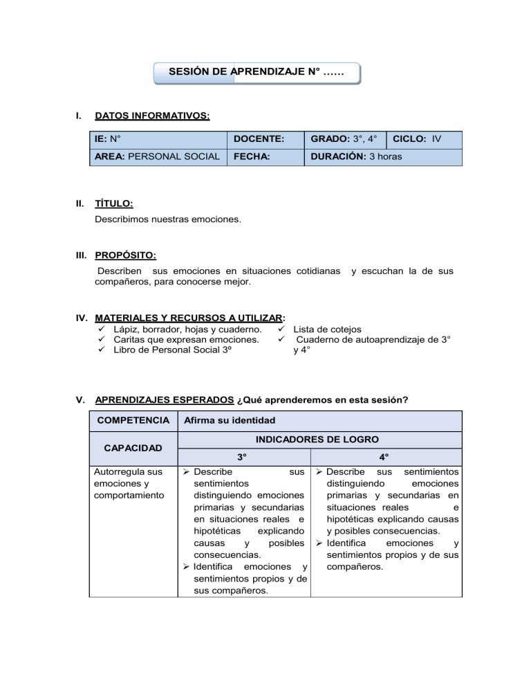 Sesión de Aprendizaje: Describiendo Emociones (3°-4°)
