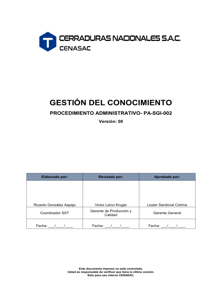 PA-SGI-002 GESTIÓN DEL CONOCIMIENTO